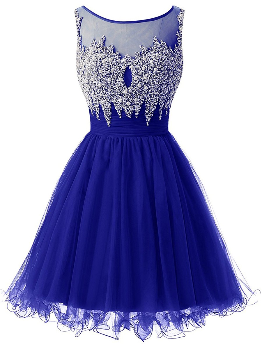 A-line Scoop Neck Tulle Short/mini Pearl Detailing Royal Blue Prom ...