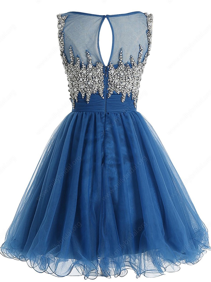 A-line Scoop Neck Tulle Short/mini Pearl Detailing Royal Blue Prom ...
